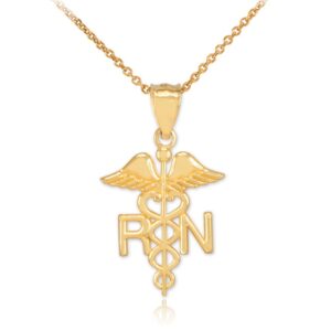 american heroes polished 10k yellow gold caduceus rn charm registered nurse pendant necklace, 18"