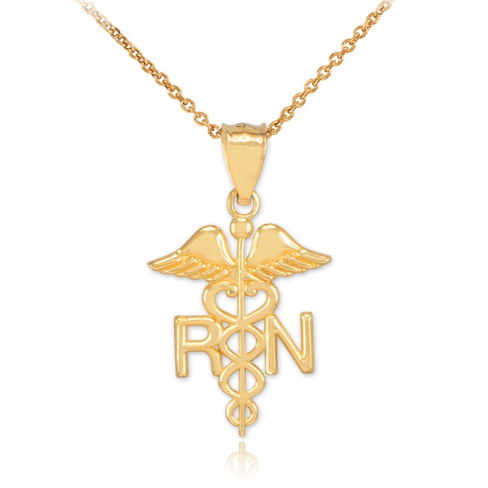 American Heroes Polished 10k Yellow Gold Caduceus RN Charm Registered Nurse Pendant Necklace, 18"