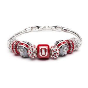 ohio state charm bracelet | ohio state block o bracelet with 5-leaf and crystal charms | osu gifts | officially licensed ohio state jewelry | ohio state charms | stainless steel