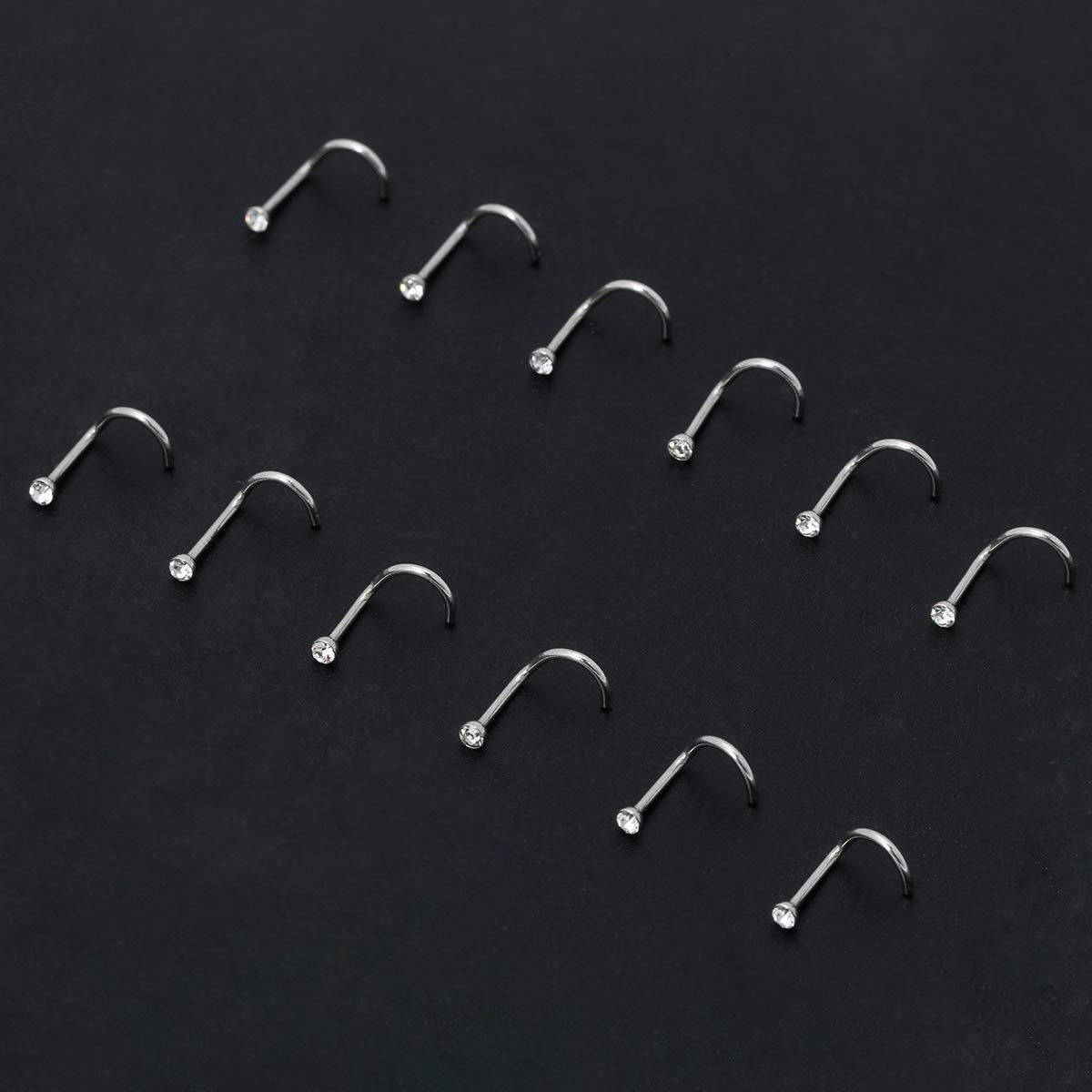 CrazyPiercing 12pcs Wholesale Lot Bling-Bling Crystal Rhinestone Stainless Steel Body Piercing Jewelry Nose Ring, Hypoallergenic, 20 Gauge