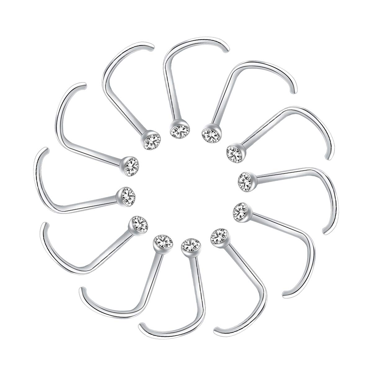 CrazyPiercing 12pcs Wholesale Lot Bling-Bling Crystal Rhinestone Stainless Steel Body Piercing Jewelry Nose Ring, Hypoallergenic, 20 Gauge