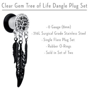 Body Candy Steel Single Flare Clear Accent Tree of Life Feather Dangle Ear Gauge Plug Set 0 Gauge