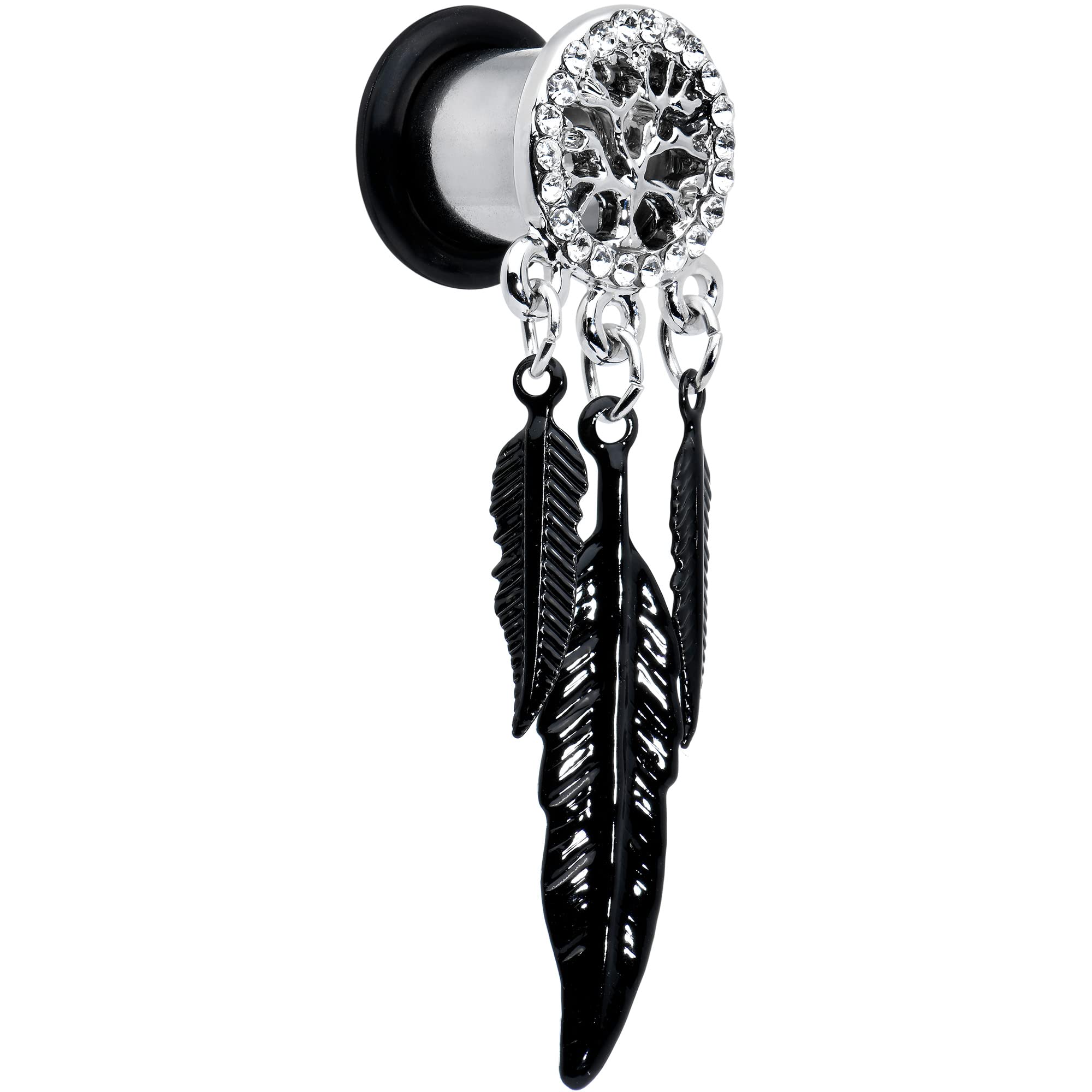 Body Candy Steel Single Flare Clear Accent Tree of Life Feather Dangle Ear Gauge Plug Set 0 Gauge