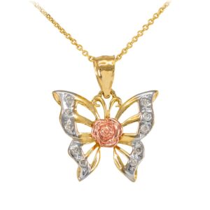 10k tri-tone gold cz-studded filigree rose butterfly pendant necklace, 18"