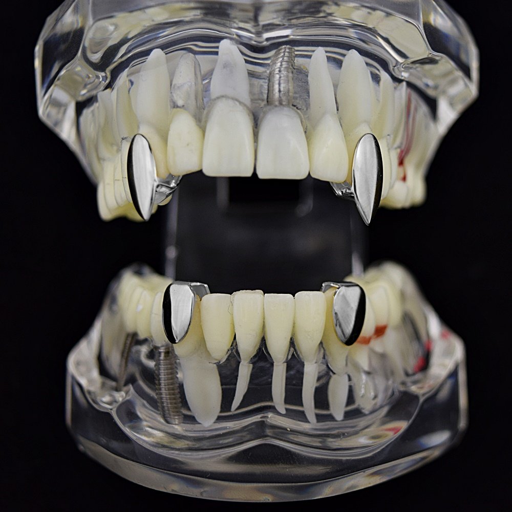 Vampire Fang Set Top Upper Fangs Plus Two Bottom Caps Plain Silver Tone Dracula Teeth Grills Combo