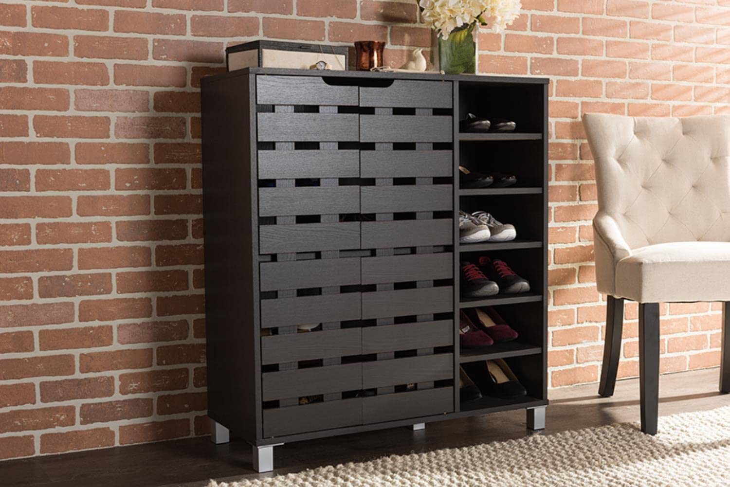 Baxton Studio Shirley Modern & Contemporary Wood 2-Door Shoe Cabinet with Open Shelves, Dark Brown