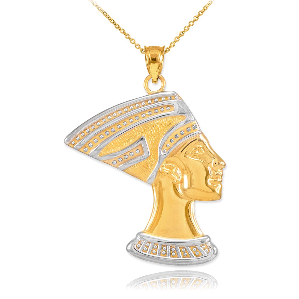 Sideways Crosses High Polish 10k Two-Tone Gold Egyptian Queen Nefertiti Charm Pendant Necklace, 16"