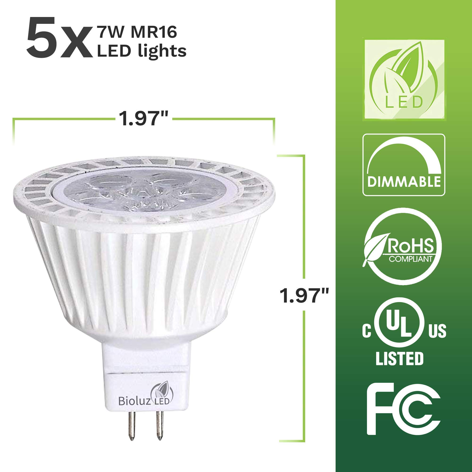 Bioluz LED 5 Pack MR16 LED Bulb Dimmable 50W Halogen Replacement 7w 3000K 12v AC/DC UL Listed High CRI