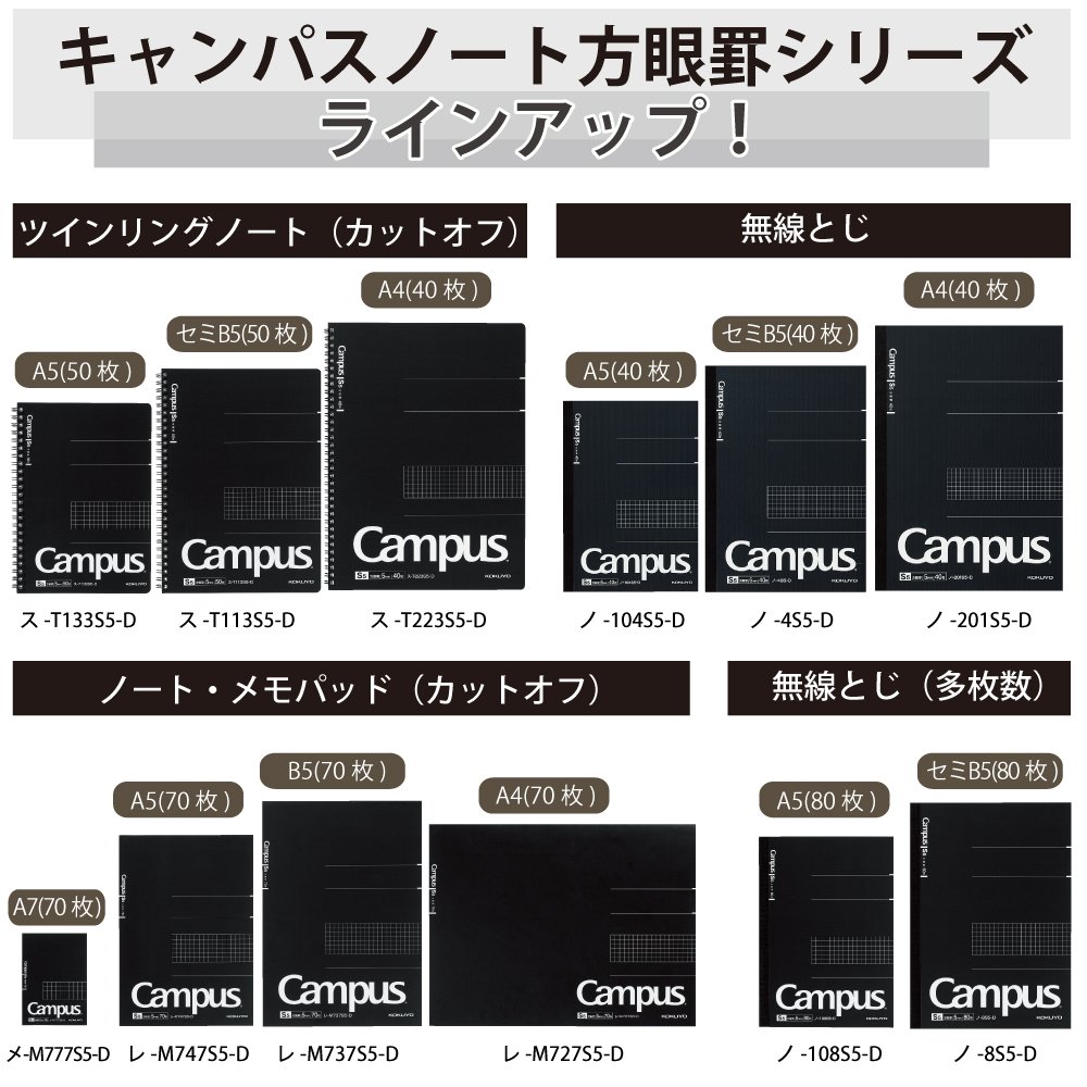 KOKUYO Campus Notepad, Business Type, Grid 5mm Ruled, A5, 70 Sheets, Black Cover, Japan Import (RE-M747S5-D)