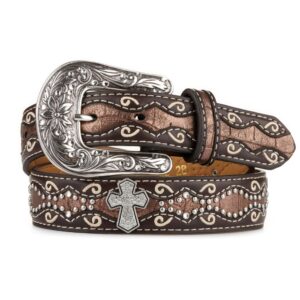 ariat girls belt with rhinestone cross conchos, faux crocodile leather, brown, size 26