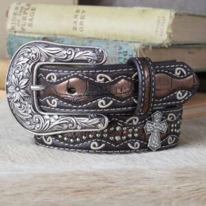 ARIAT Girls Belt with Rhinestone Cross Conchos, Faux Crocodile Leather, Brown, Size 26