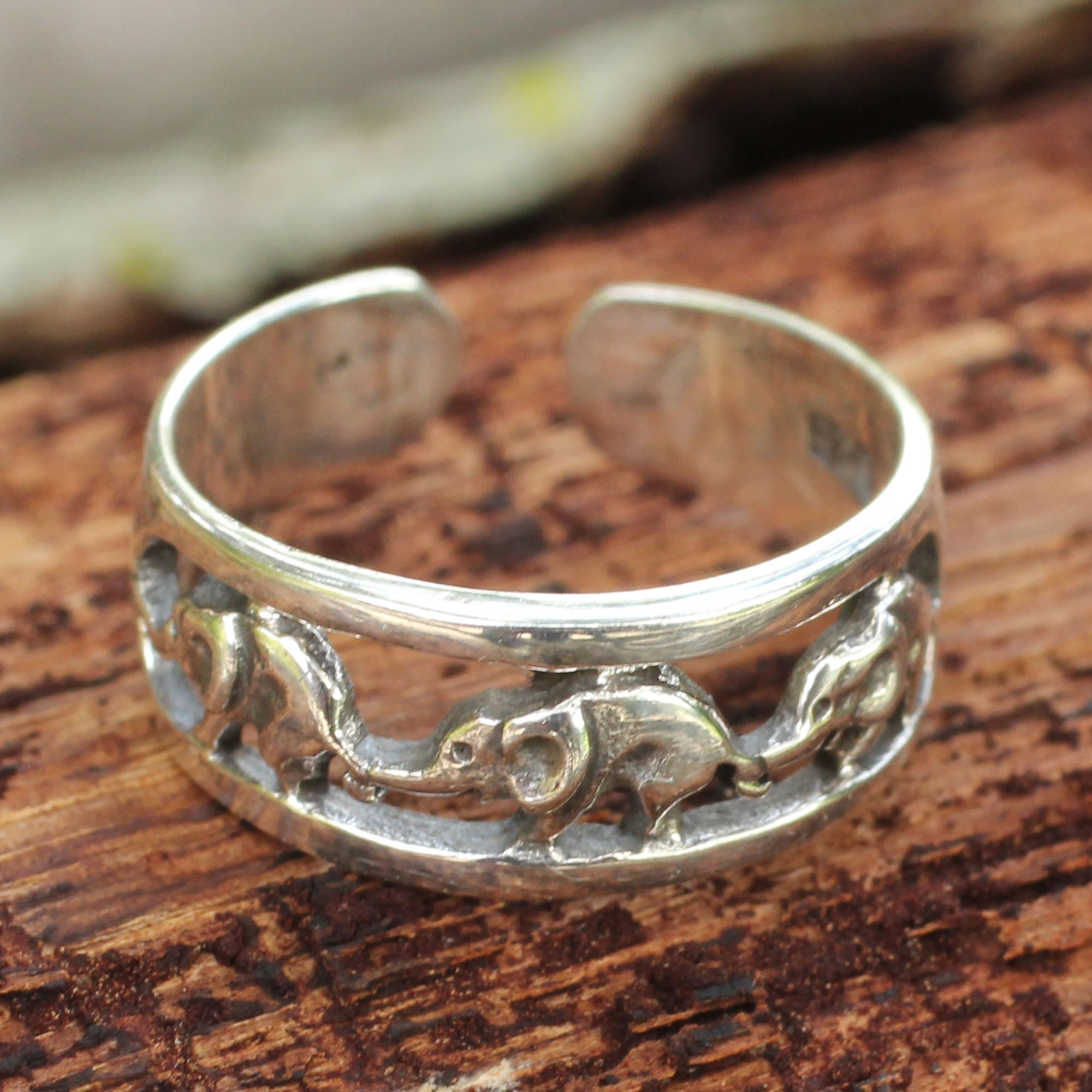 NOVICA Artisan Handmade Sterling Silver Toe Ring Thai Elephants No Stone Thailand Animal Themed Bohemian [2 in L (end to End) x 0.3 in W] ' Elephant Walk'