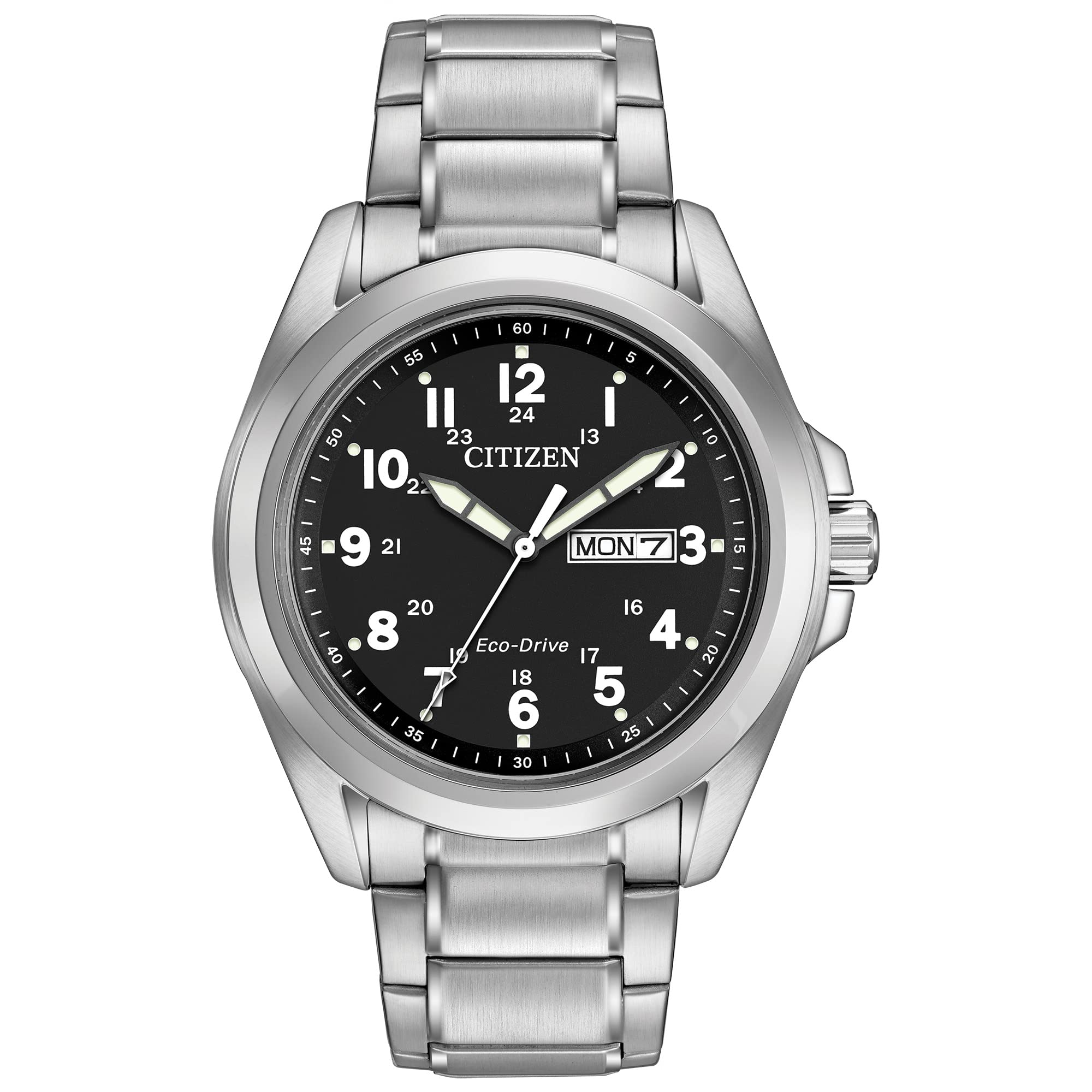 Citizen Men's Eco-Drive Weekender Garrison Field Watch in Stainless Steel, Black Dial, Arabic Markers, Luminous, 43mm (Model: AW0050-82E)