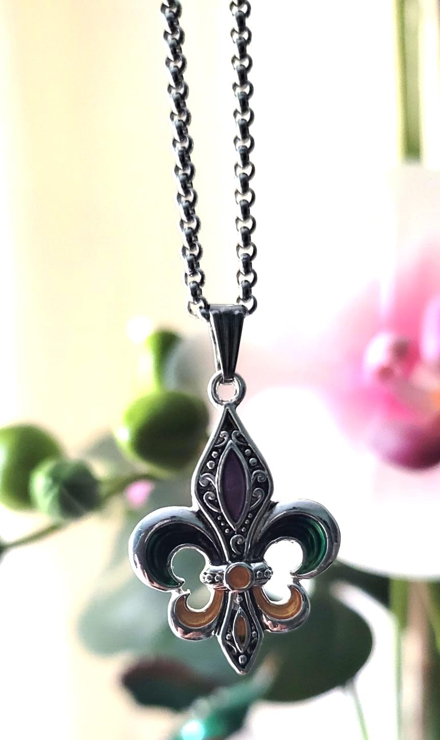 DianaL Boutique Fleur De Lis Mardi Gras Pendant Necklace with 18" Stainless Steel Chain Gift Boxed Fashion Jewelry