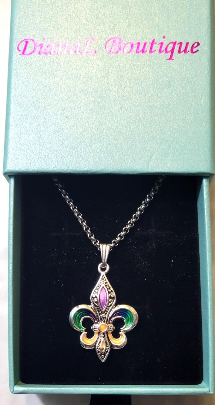 DianaL Boutique Fleur De Lis Mardi Gras Pendant Necklace with 18" Stainless Steel Chain Gift Boxed Fashion Jewelry