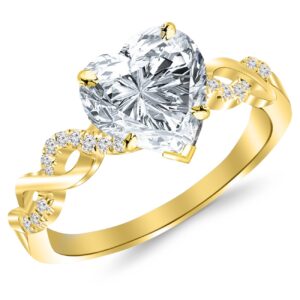 0.67 carat twisting infinity 14k yellow gold and diamond split shank pave set heart shape diamond engagement ring (e color si1 clarity center stones)