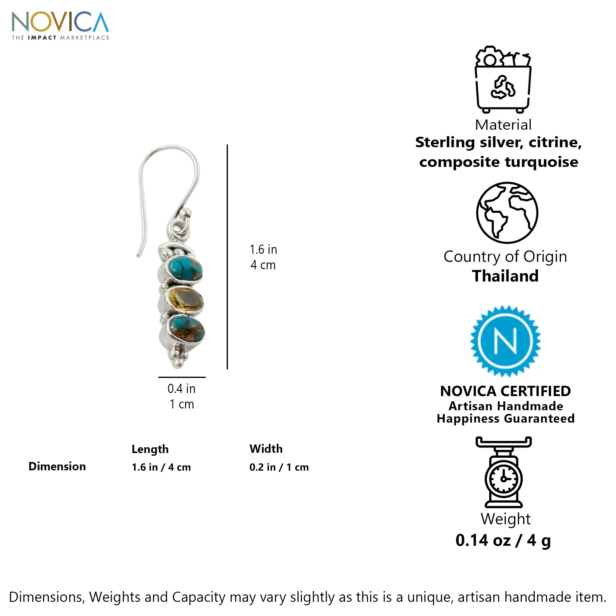 NOVICA Artisan Handcrafted Citrine Dangle Earrings | Turquoise Sterling Silver Earrings | Natural Stone Dangle Earrings For Women | Genuine Turquoise Dangle Earrings | French Wire Dangle Earrings