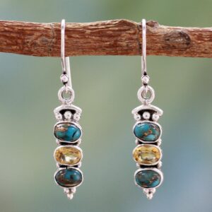 NOVICA Artisan Handcrafted Citrine Dangle Earrings | Turquoise Sterling Silver Earrings | Natural Stone Dangle Earrings For Women | Genuine Turquoise Dangle Earrings | French Wire Dangle Earrings