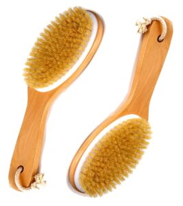 natural boar bristle body brush wooden handle by spa destinations dry brush and wet brush 2 pk exfoliating scrubber for flawless skin, cellulite treatment, lymphatic and blood circulation