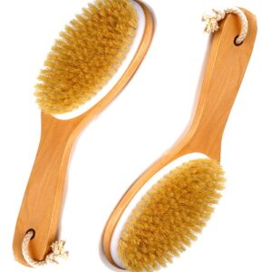 Natural Boar Bristle Body Brush Wooden Handle by Spa Destinations Dry Brush and Wet Brush 2 Pk Exfoliating Scrubber for Flawless Skin, Cellulite Treatment, Lymphatic and Blood Circulation