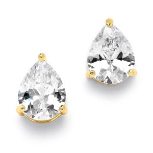 mariell gold cubic zirconia stud earrings, pear shape cz crystal, 2 carat imitation diamond stud earring