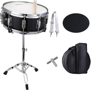 adm 14"x 5.5" snare drum set, kids student snare drum beginner kit with stand, drum mute pad, strap, drum sticks, drum keys, black