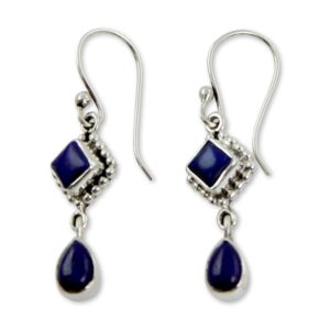 novica artisan handmade lapis lazuli dangle earrings sterling silver india blue royal classic reflecting pond snorkel birthstone [1.6 in l x 0.4 in w] ' queen of diamonds'