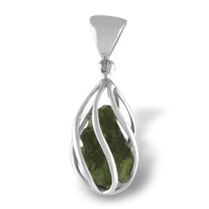 starborn natural moldavite pendant in sterling silver cage