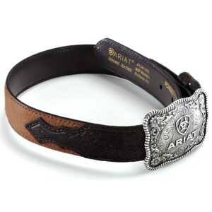 ARIAT Boy's Western Belt - Distressed Brown Leather with Antiqued Silver Buckle and Floral Accents - Brown, Size 20