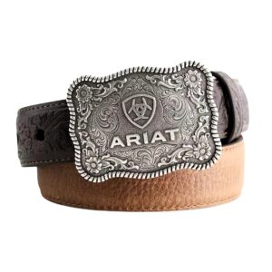 ariat boy's distressed brown leather belt with antiqued silver buckle, floral accents, size 24