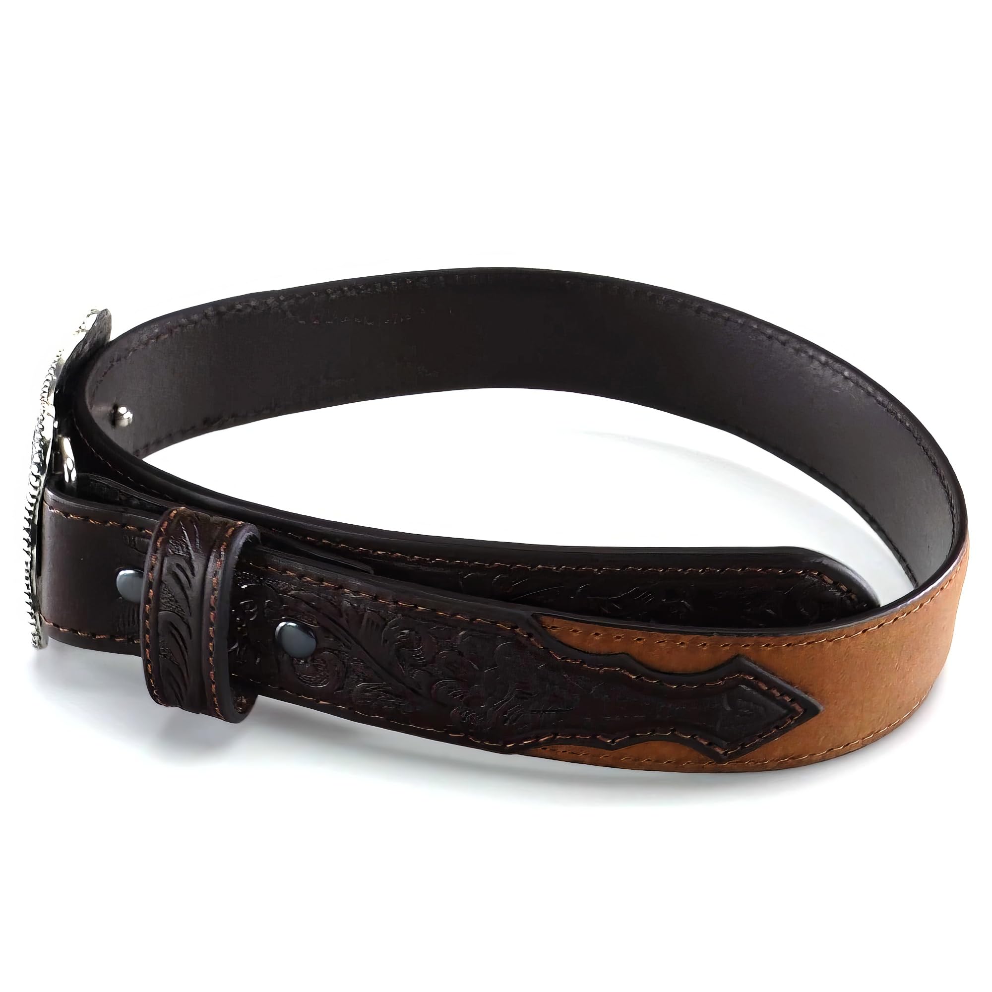 ARIAT Boy's Distressed Brown Leather Belt with Antiqued Silver Buckle, Floral Accents, Size 24