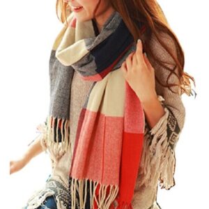 Wander Agio Women's Fashion Long Shawl Big Grid Winter Warm Lattice Large Scarf Orange Red Winter