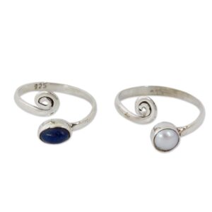 novica artisan handmade cultured pearls lapis lazuli toe rings sterling silver pair blue white india snorkel bollywood bohemian birthstone [0.4 in l x 0.2 in w x 0.1 in d] ' pretty perfection' pair