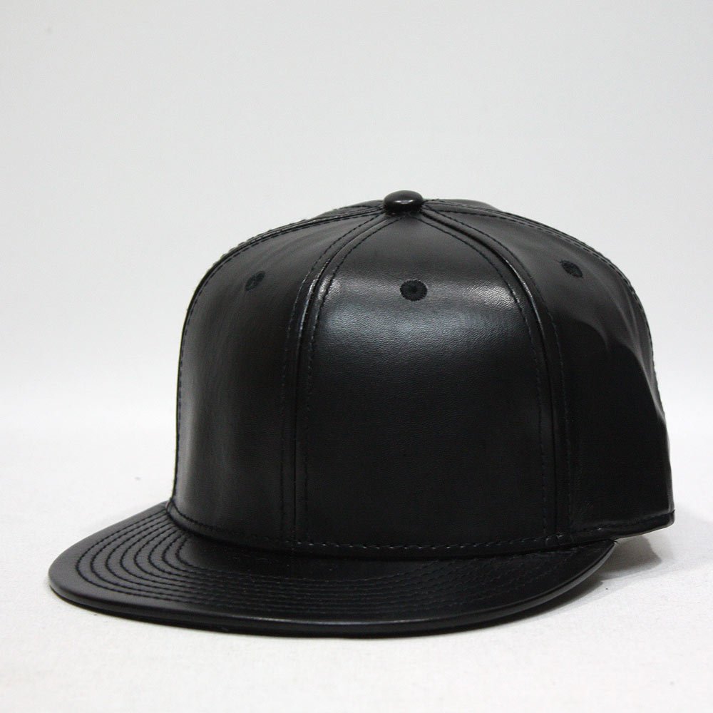 Premium Plain Wool Blend Leather Flat Bill Adjustable Snapback Hats Baseball Caps (Leather Black)