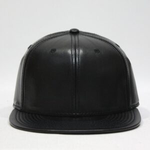 Premium Plain Wool Blend Leather Flat Bill Adjustable Snapback Hats Baseball Caps (Leather Black)