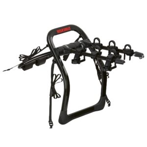 yakima fullback 3 premium trunk bike rack, holds 3 bikes, tool-free installation, supercush zipstrips, foldable arms, sks locks, bottle opener