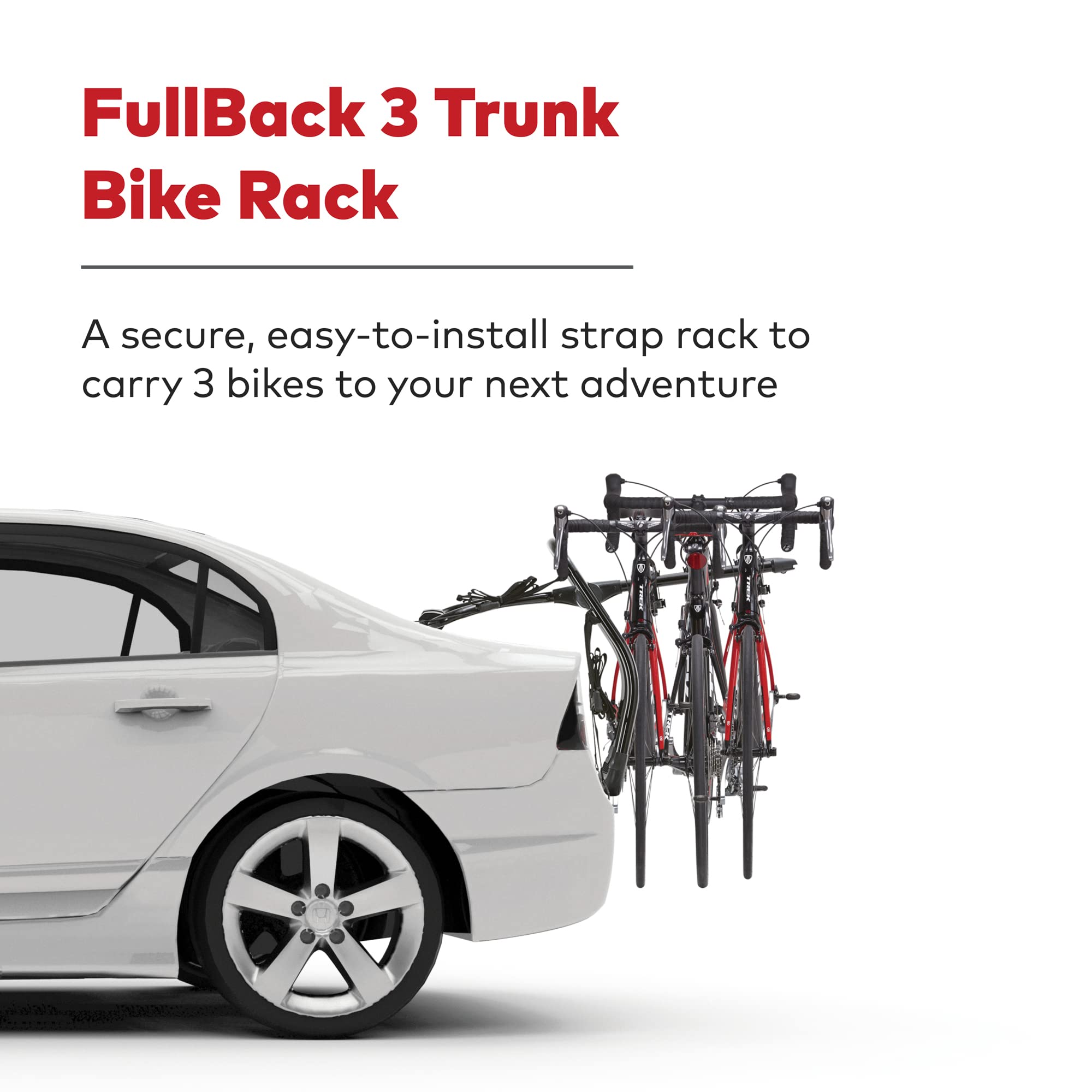 Yakima FullBack 3 Premium Trunk Bike Rack, Holds 3 Bikes, Tool-Free Installation, SuperCush ZipStrips, Foldable Arms, SKS Locks, Bottle Opener