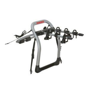 yakima halfback 3 bike capacity trunk bike strap rack with 4 strap attachment, supercrush zipstrips, and bomber external frame, gray/black