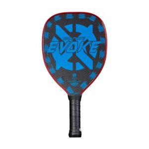 onix graphite evoke tear drop pickleball paddle features tear drop shape, polypropylene core, and graphite face, blue