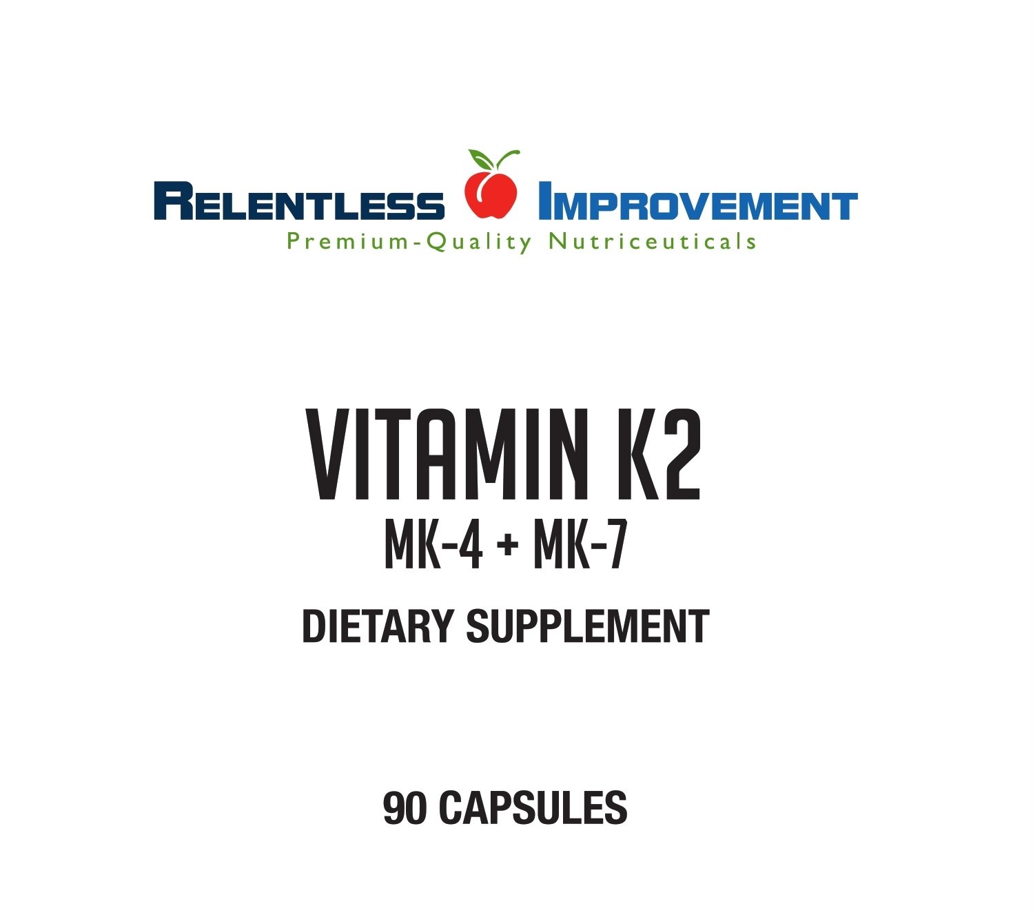 Relentless Improvement Vitamin K2 MK4 Plus MK7 Vegan Naturally-Derived Vege-Caps 90 Count