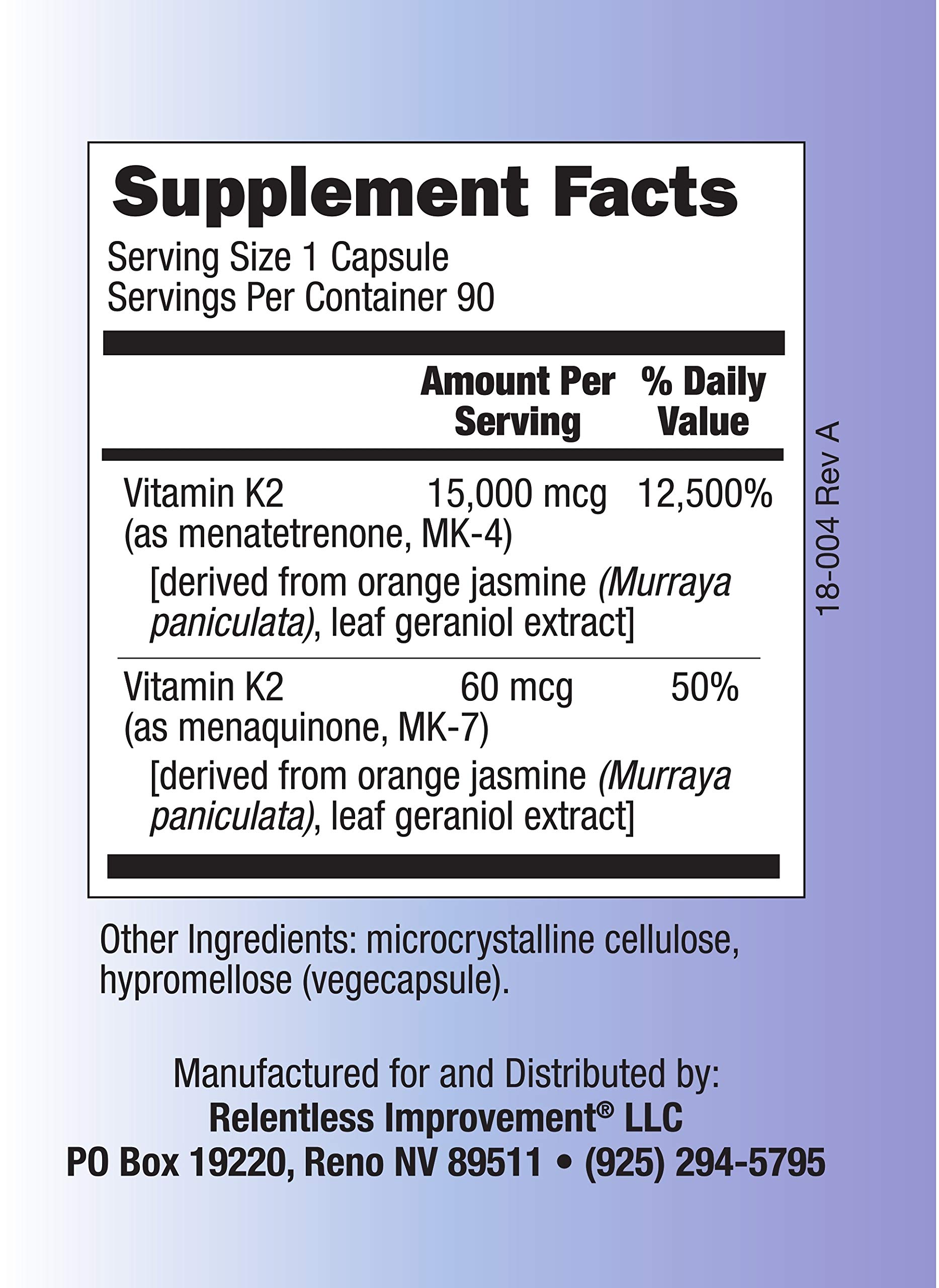 Relentless Improvement Vitamin K2 MK4 Plus MK7 Vegan Naturally-Derived Vege-Caps 90 Count