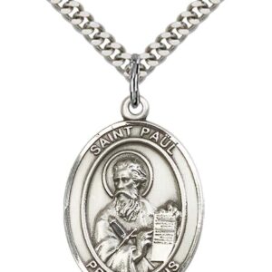 F A Dumont Sterling Silver St. Paul The Apostle Pendant with 24" Stainless Steel Heavy Curb Chain. Patron Saint of Publishers/Reporters