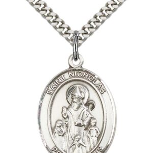 F A Dumont Sterling Silver St. Nicholas Pendant with 24" Stainless Steel Heavy Curb Chain. Patron Saint of Bakers/Brides/Children