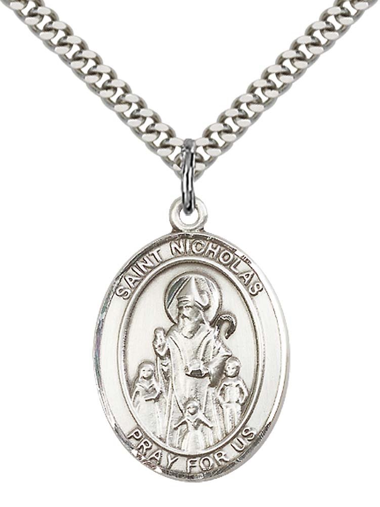 F A Dumont Sterling Silver St. Nicholas Pendant with 24" Stainless Steel Heavy Curb Chain. Patron Saint of Bakers/Brides/Children