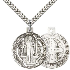 F A Dumont Sterling Silver St. Benedict 7/8 x 3/4-inch Pendant for Men or Women on a 24-inch Light Rhodium Heavy Curb Chain