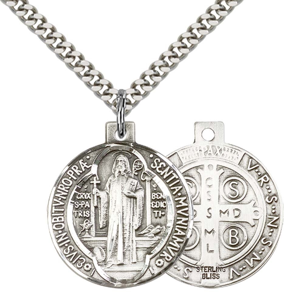 F A Dumont Sterling Silver St. Benedict 7/8 x 3/4-inch Pendant for Men or Women on a 24-inch Light Rhodium Heavy Curb Chain