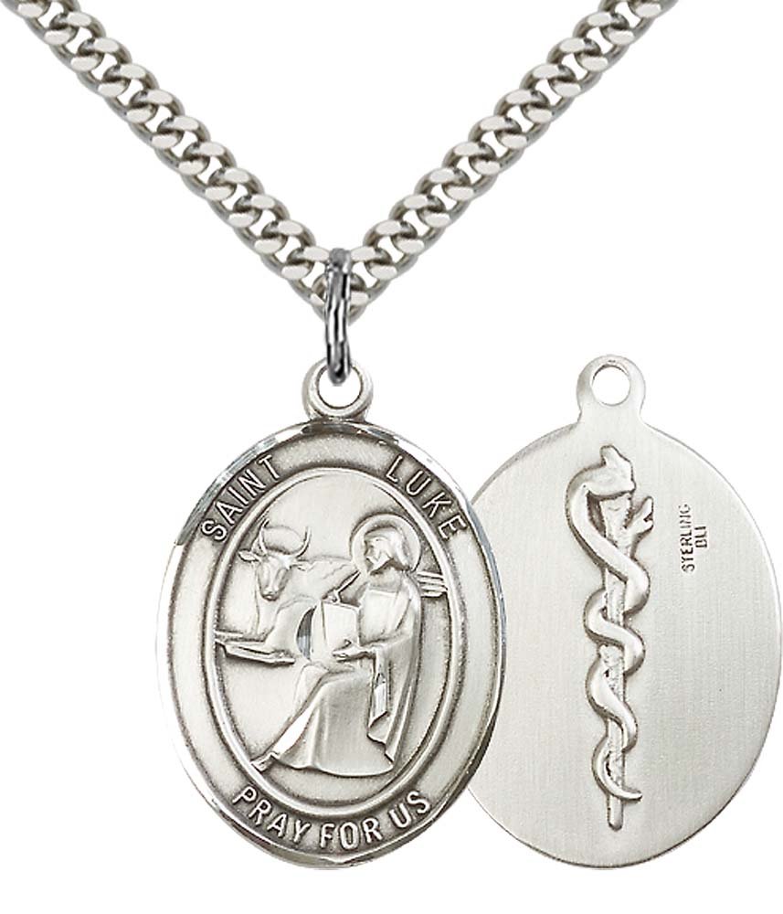 F A Dumont Sterling Silver St. Luke The Apostle Pendant with 24" Stainless Steel Heavy Curb Chain. Patron Saint of Physicians/Painters