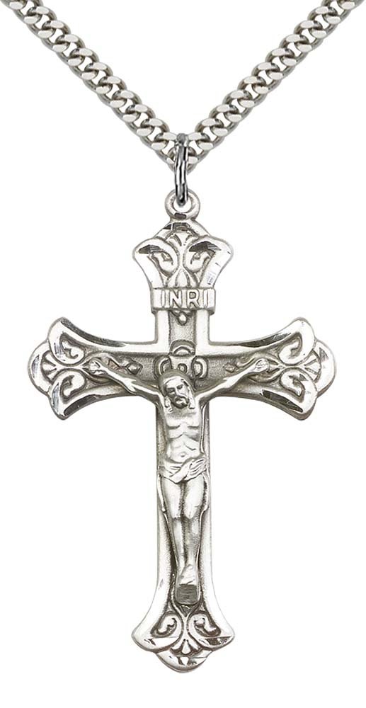 F A Dumont Sterling Silver Crucifix Pendant with 24" Stainless Steel Heavy Curb Chain.