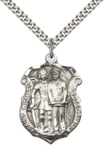 f a dumont church supplies sterling silver st. michael the archangel pendant with 24" stainless silver heavy curb chain. patron saint of police officers/emts