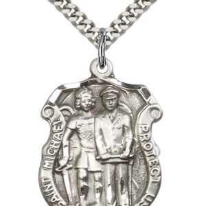 F A Dumont Church Supplies Sterling Silver St. Michael The Archangel Pendant with 24" Stainless Silver Heavy Curb Chain. Patron Saint of Police Officers/EMTs